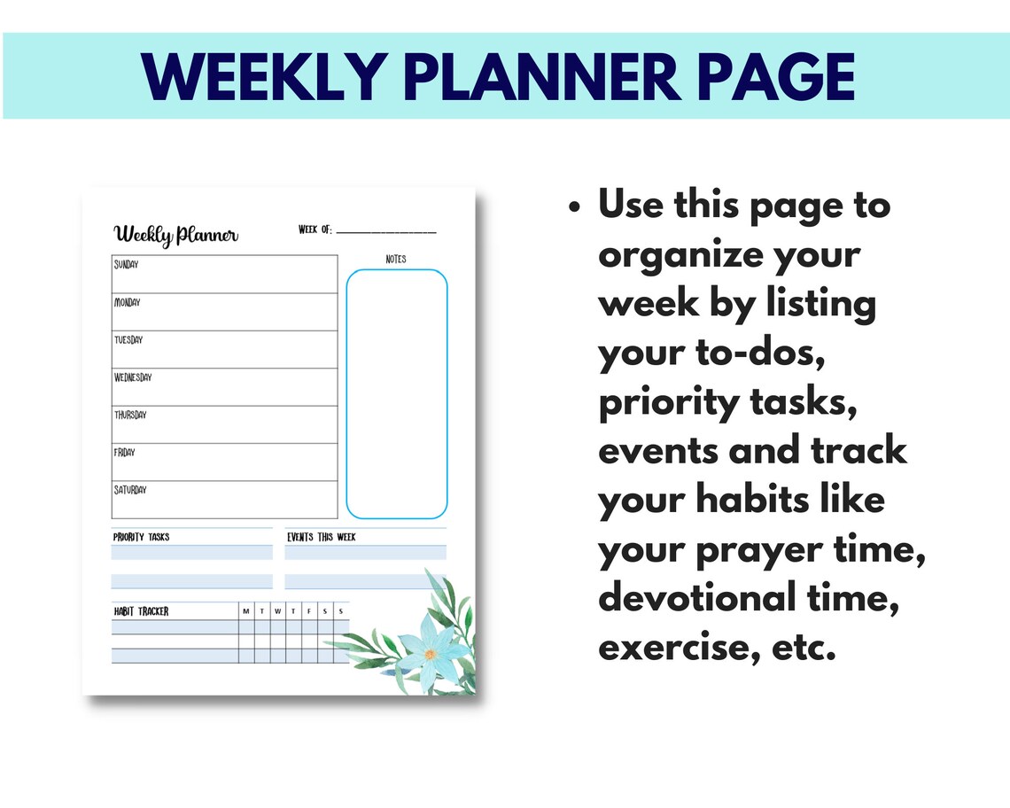 Christian Journal and Weekly Planner Printable PDF, Floral Blue Theme ...