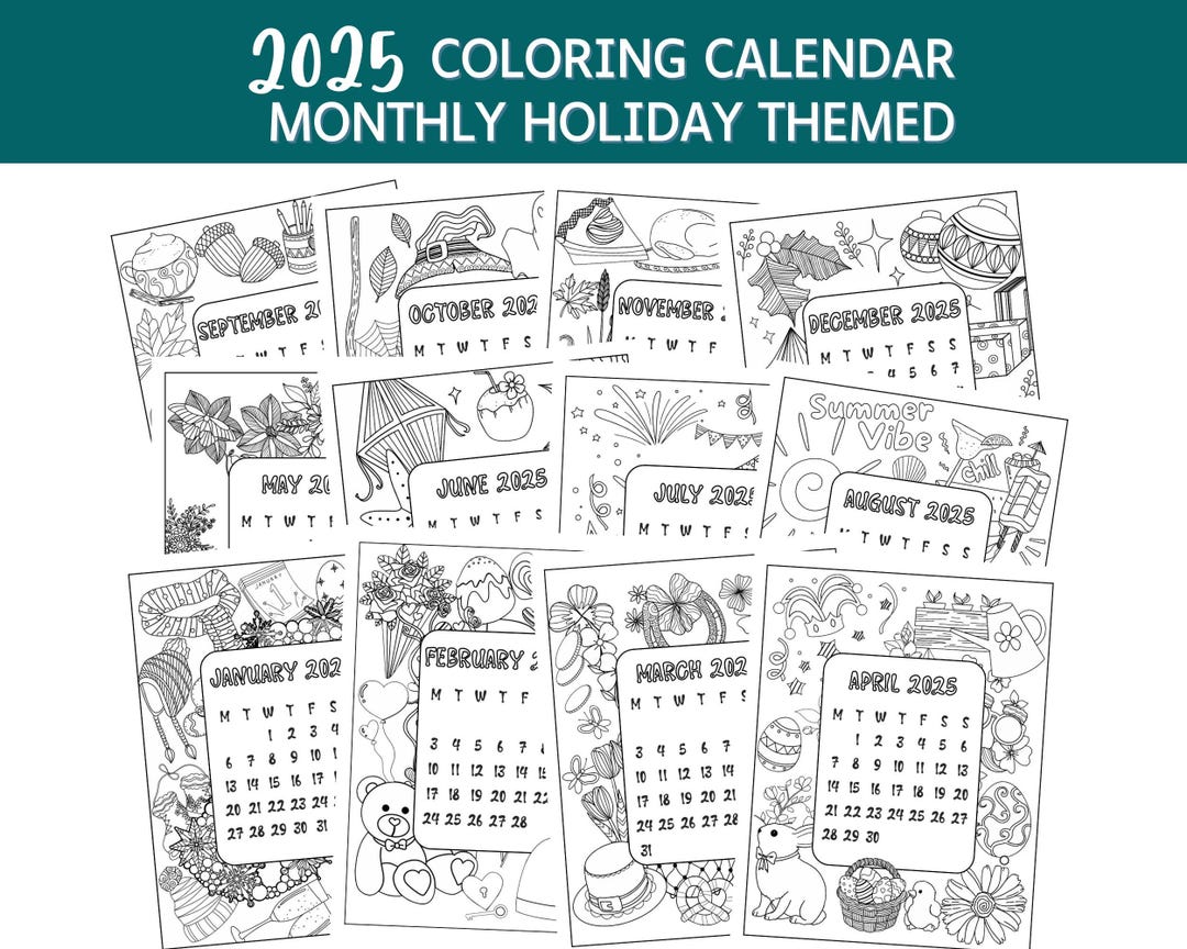 2025 Coloring Calendar, Monthly Holiday Themed Colorable Borders ...
