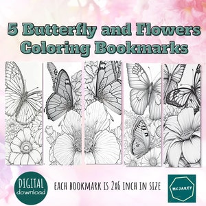 5 Printable Bookmarks With Butterfly and Flowers to Color Yourself, 2x6 ...