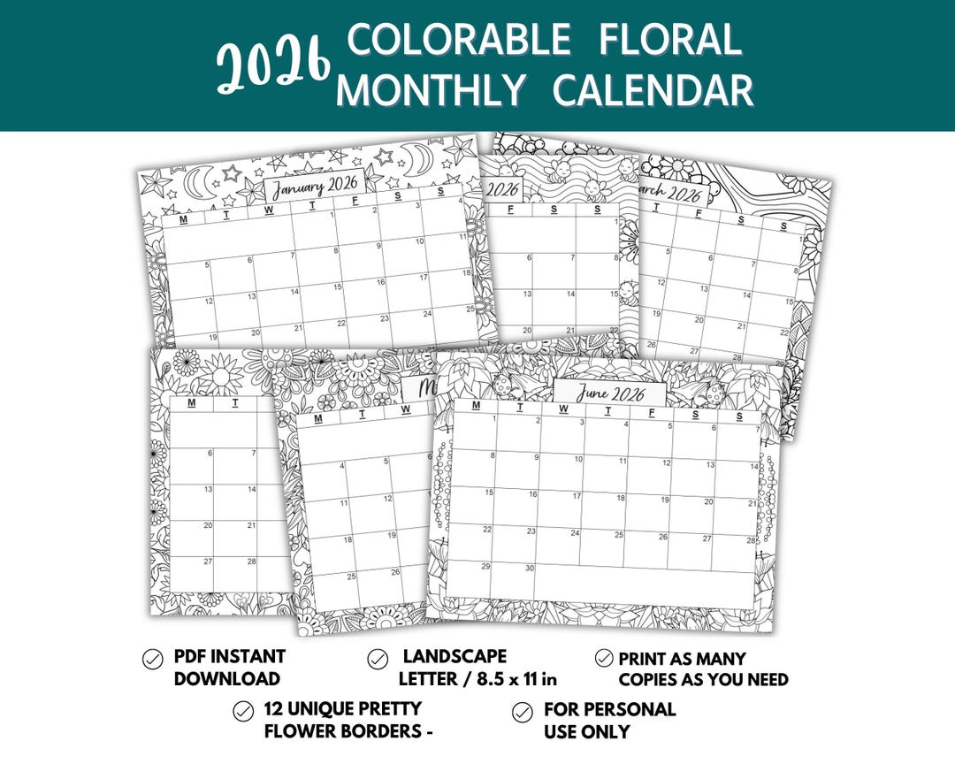 Printable & Fillable 2026 Coloring Calendar, Floral Monthly Planner, 8. ...