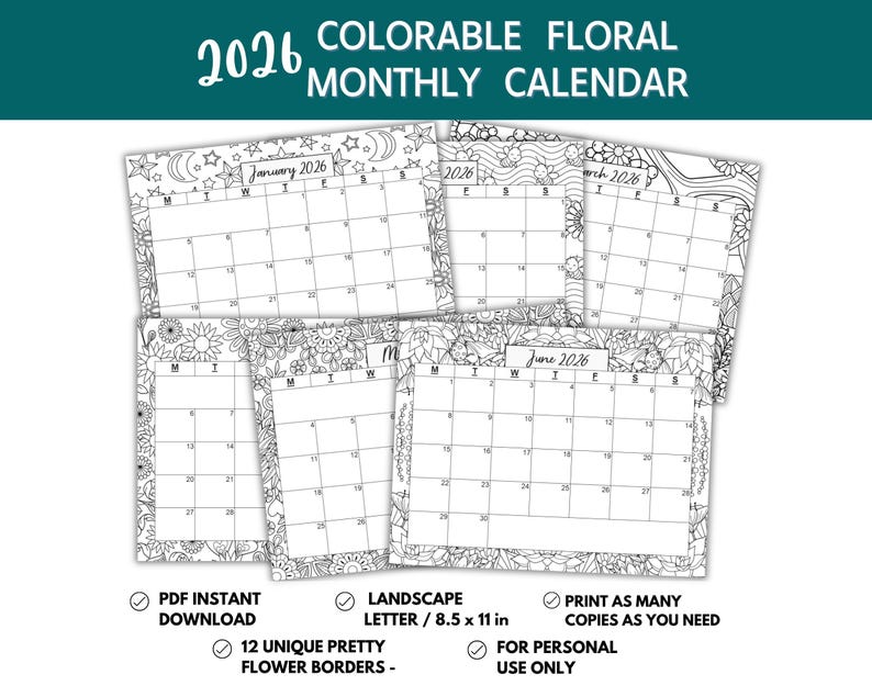 2026 Floral Coloring Calendar: Fillable Monthly Planner (PDF Download ...