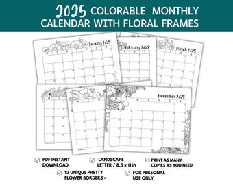 2025 Printable & Editable Coloring Calendar, Floral Monthly Planner, 8. ...