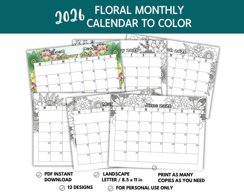 2026 Floral Calendar, Monthly Planner, Coloring Page (PDF Download ...