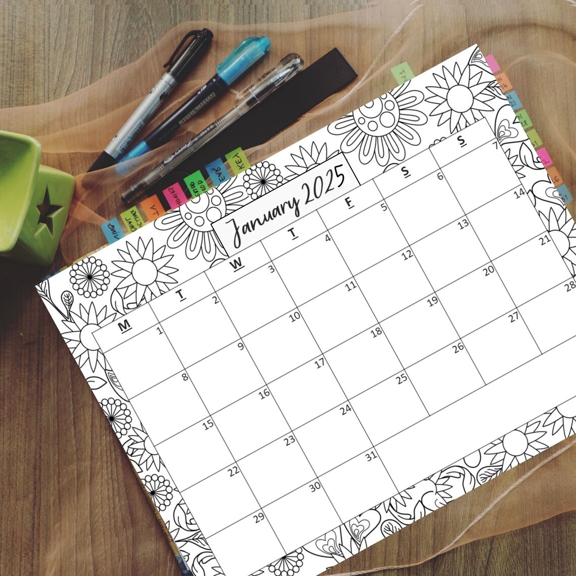 2025 Printable & Editable Coloring Calendar, Floral Monthly Planner, 8. ...