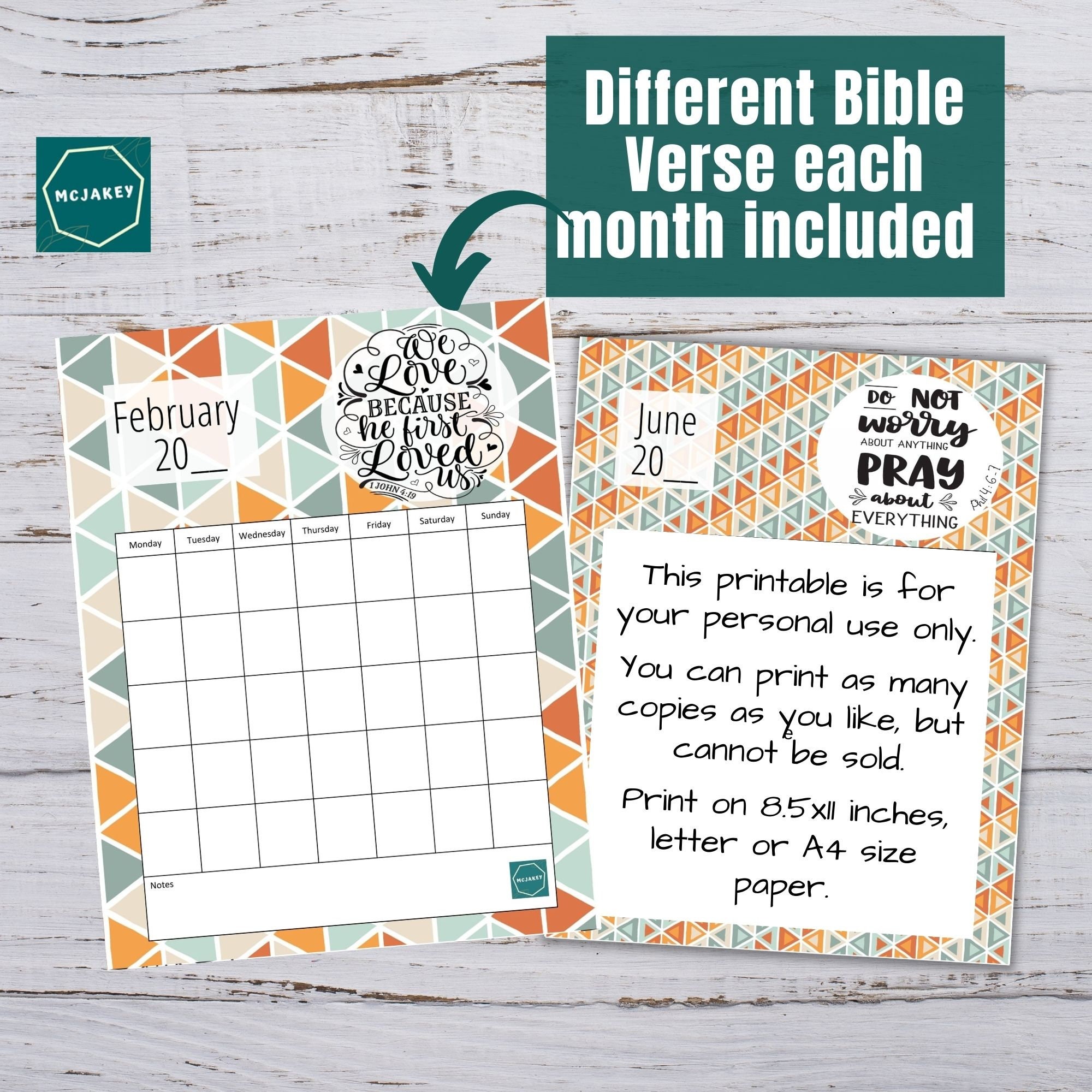 Printable Undated Monthly Geometric Calendar With Christian Bible Verse ...