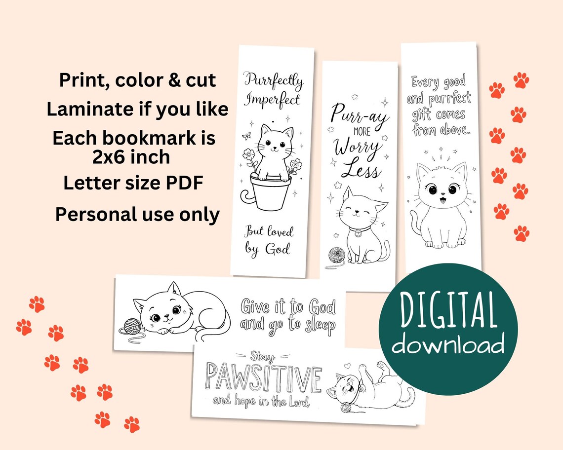 5 Printable Christian Coloring Bookmarks, Fun Cat Quotes, Instant ...