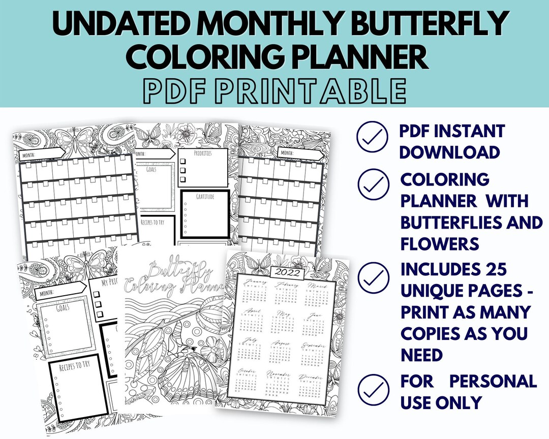 Undated Monthly Butterfly Coloring Planner PDF Printable - Etsy