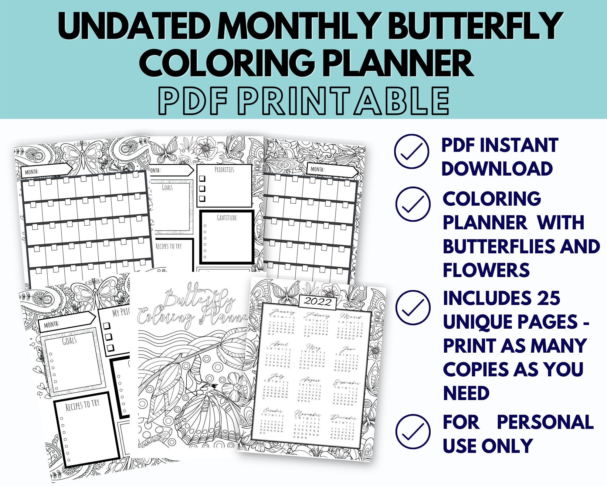 Undated Monthly Butterfly Coloring Planner PDF Printable - Etsy