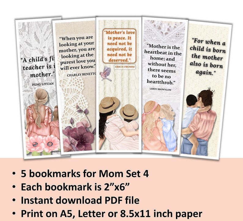 Printable Bookmarks for Mom, Mother Quotes With Illustrated Mom and ...