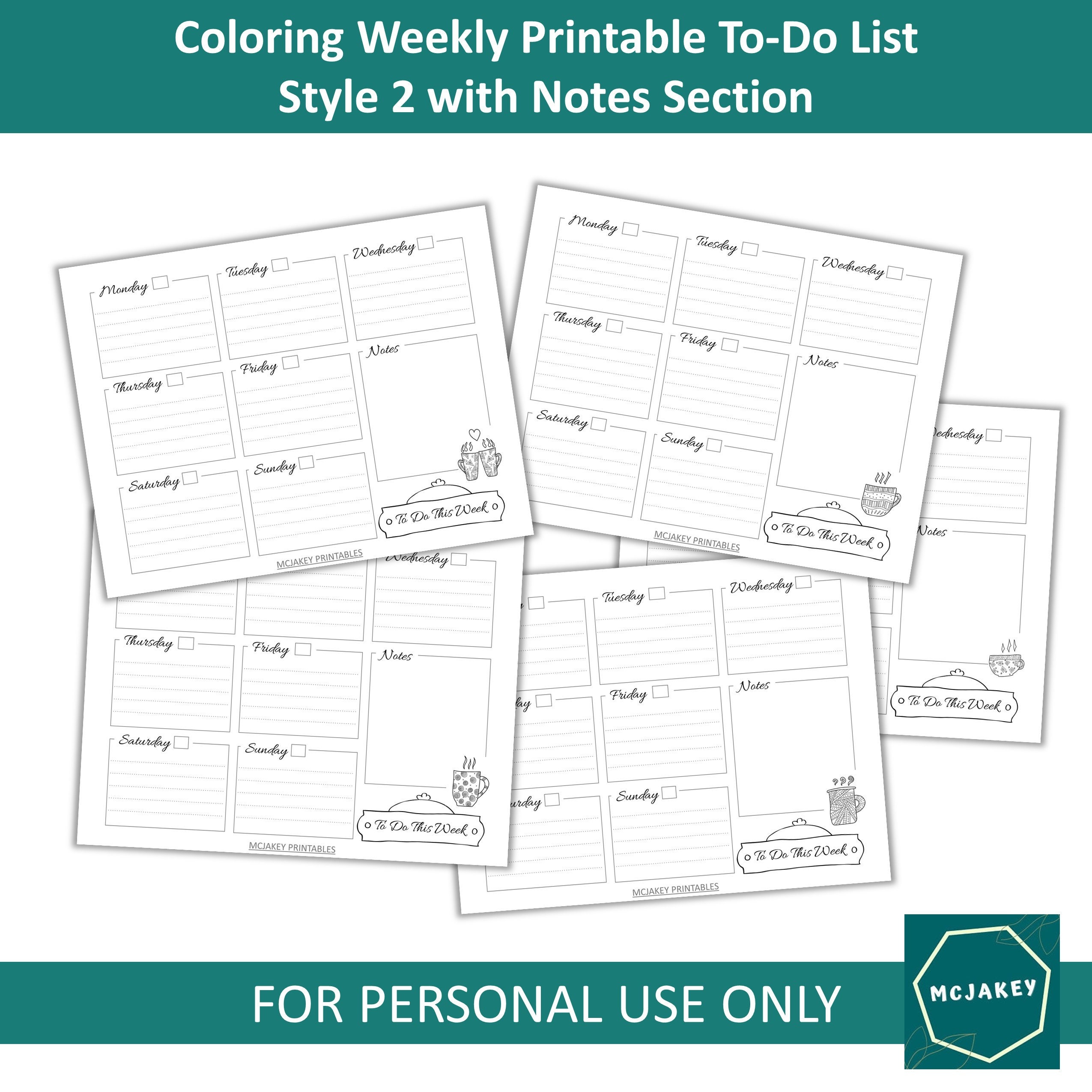 Coloring To-do List & Weekly Planner Printable, Fun Coffee Mug Coloring ...