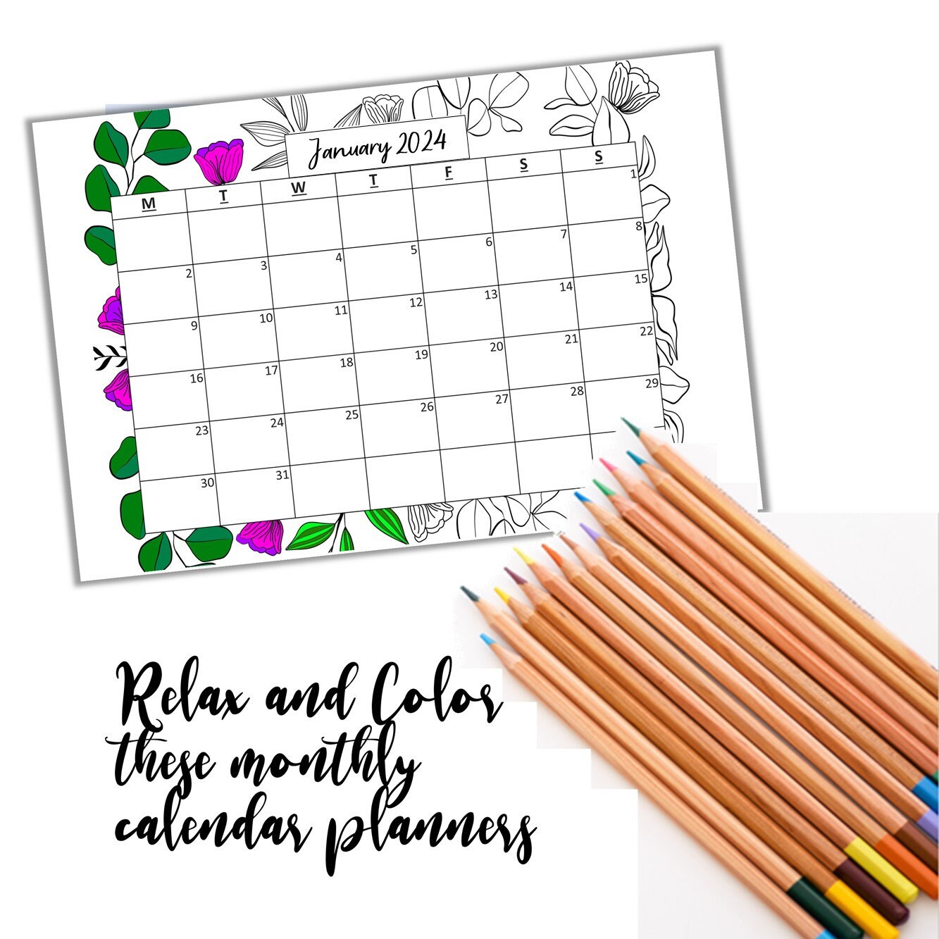 Printable 2023-2024 Floral Coloring Calendar Planner, Dated Monthly ...