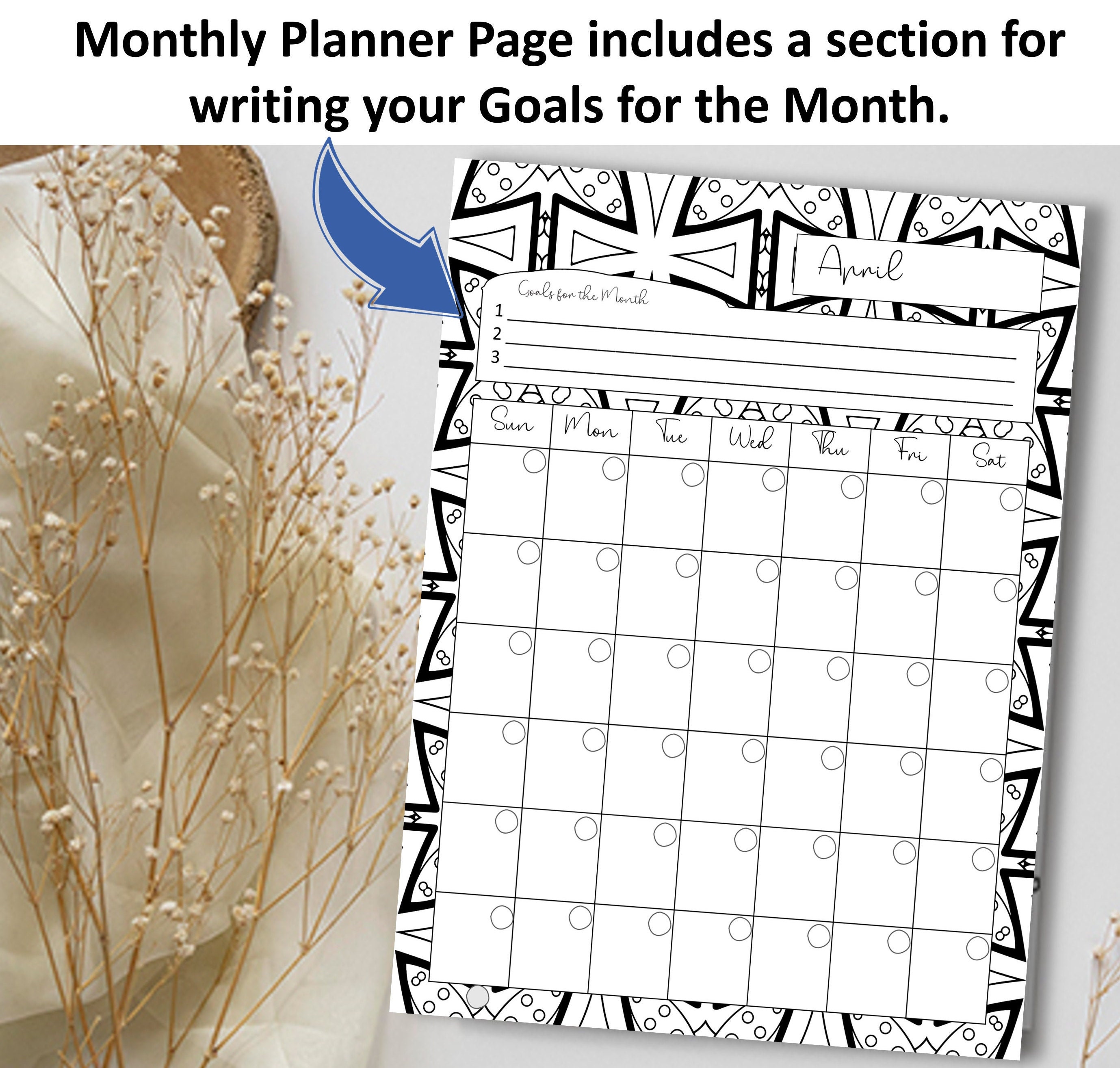 Undated Printable Pattern Coloring Calendar, Monthly Planner, 8.5 in X ...