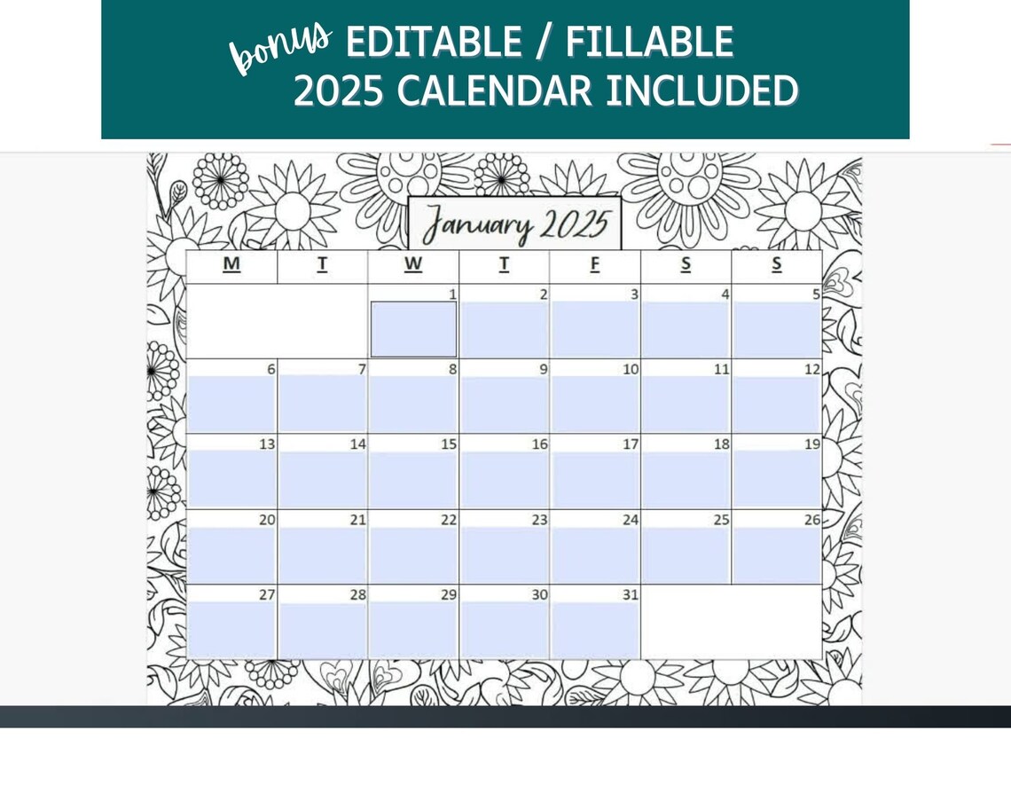 2025 Printable & Editable Coloring Calendar, Floral Monthly Planner, 8. ...