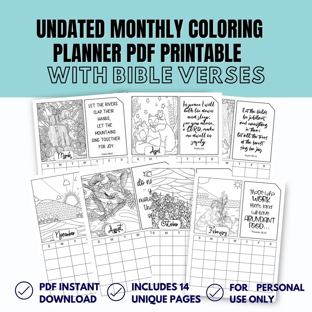 Nature & Bible Verse Coloring Planner, Undated Monthly Calendar, PDF ...