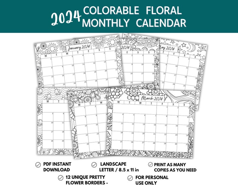 Printable & Editable Colorable Calendar for 2024, Floral Dated Monthly ...