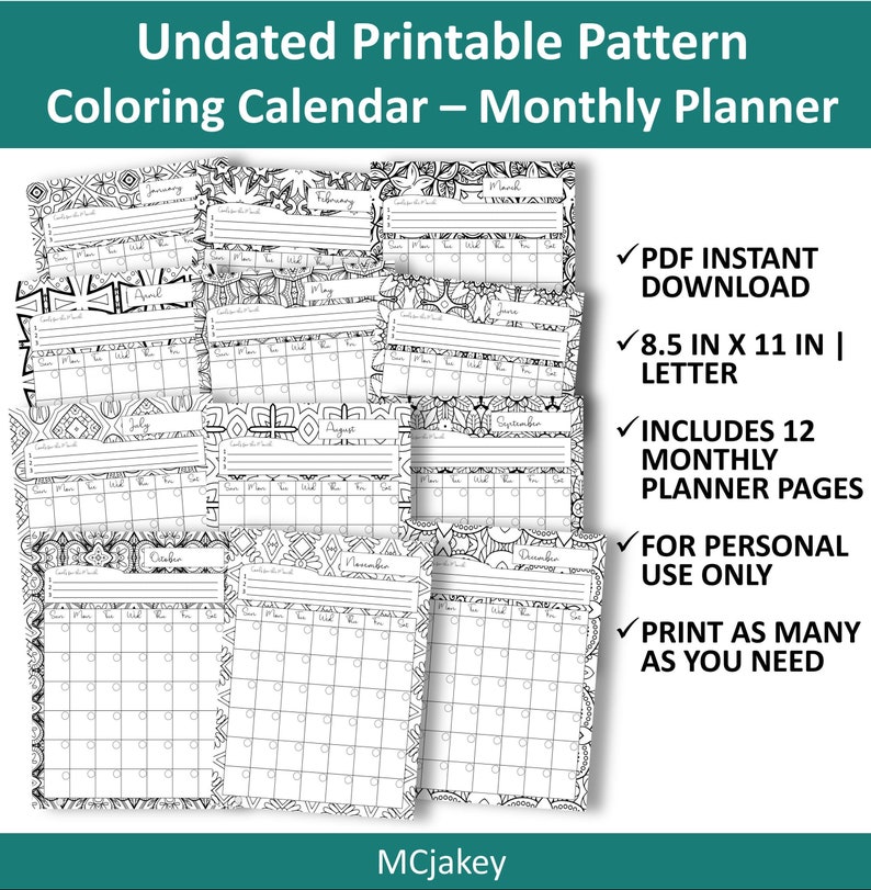 Undated Printable Pattern Coloring Calendar, Monthly Planner, 8.5 in X ...