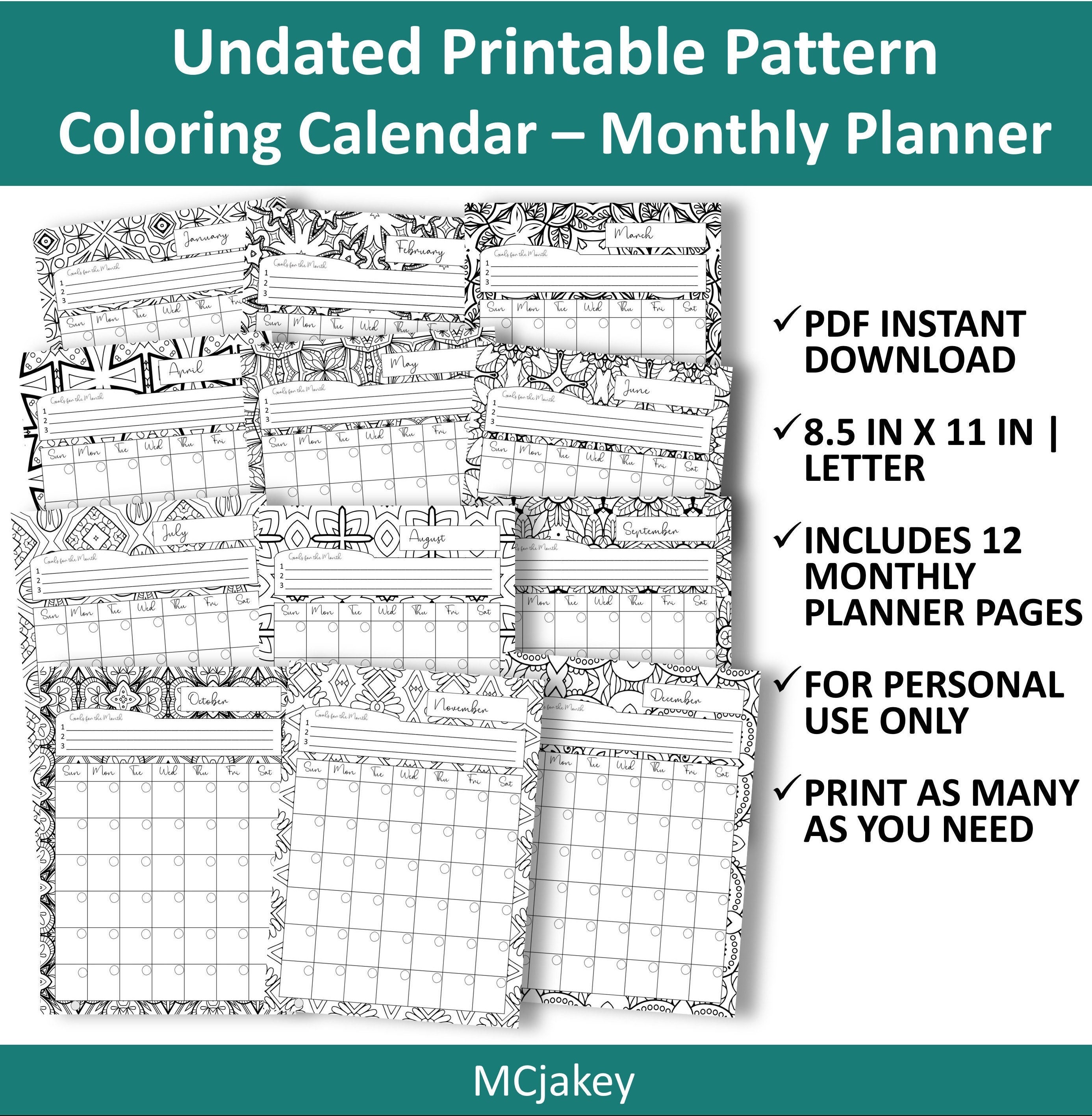 Undated Printable Pattern Coloring Calendar, Monthly Planner, 8.5 in X ...