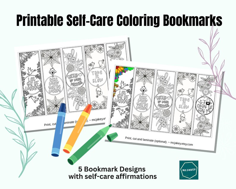 5 Printable Coloring Bookmarks, Flowers and Self-care Quotes, 2"x6 ...