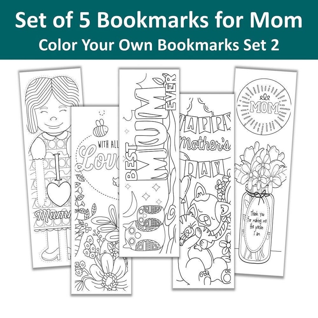 5 Printable Mother's Day Coloring Bookmarks Set 2, DIY Gift for Mom, 2 ...