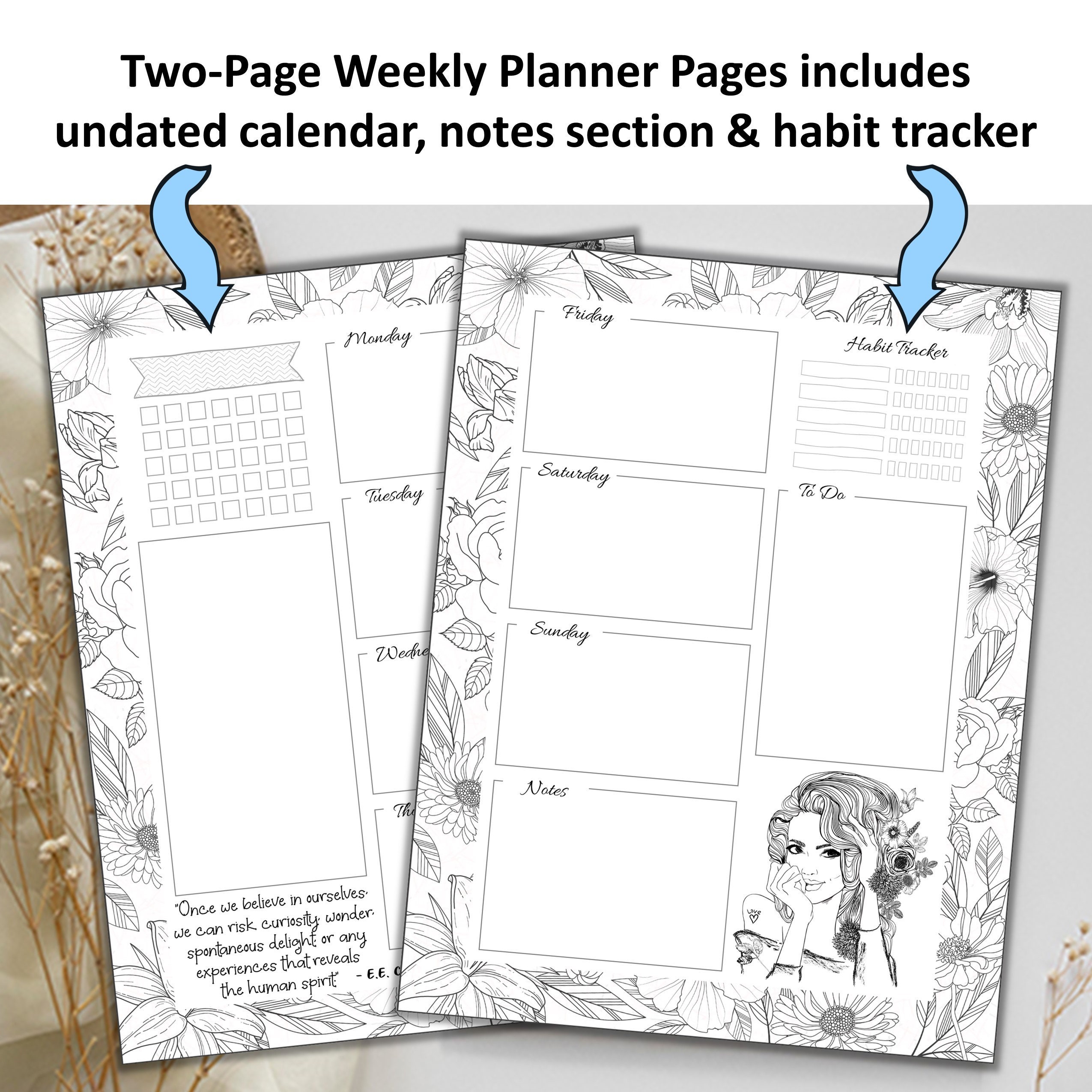 Printable Coloring Weekly Planner and Journal for Girls, Undated Floral ...