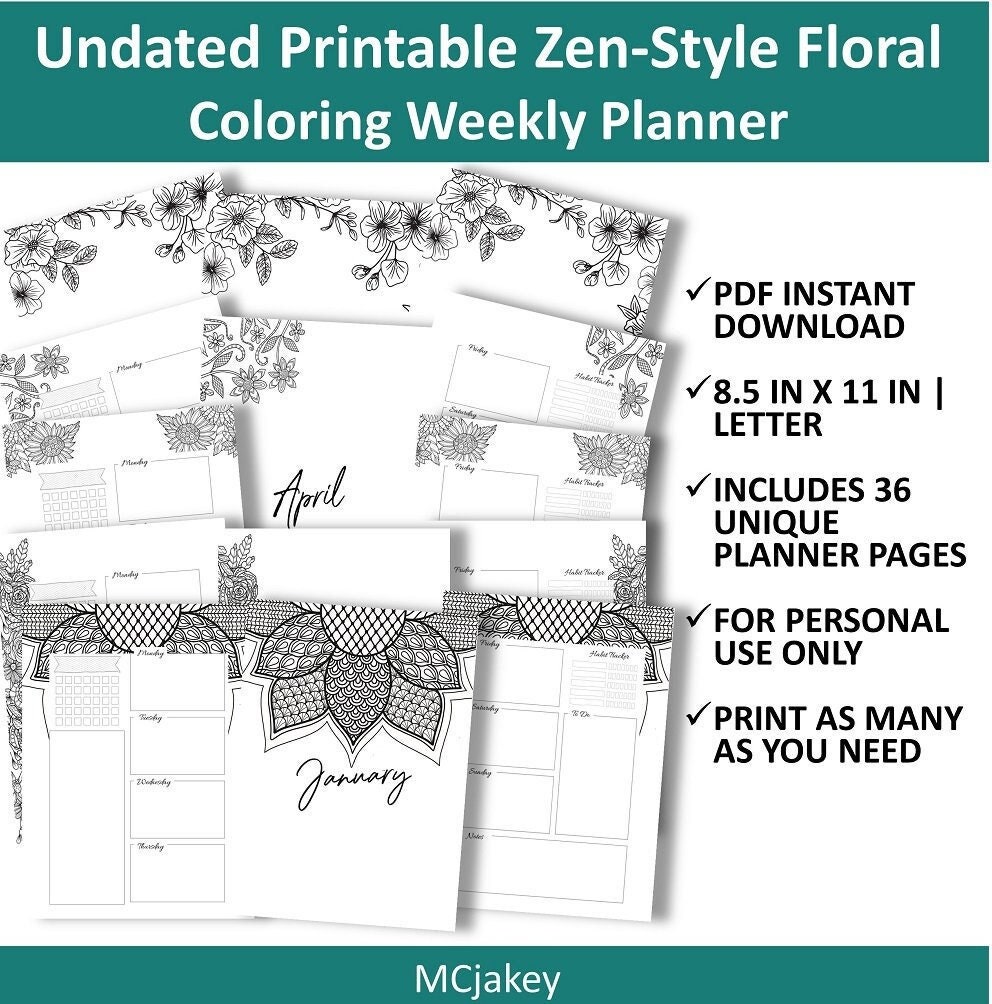 Printable Zen-style Floral Coloring Planner, Undated Weekly Calendar ...