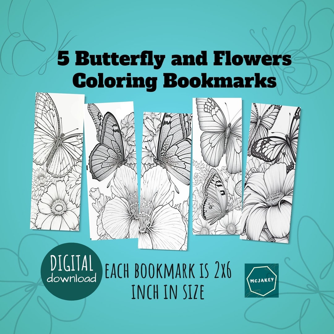 5 Printable Bookmarks With Butterfly and Flowers to Color Yourself, 2x6 ...