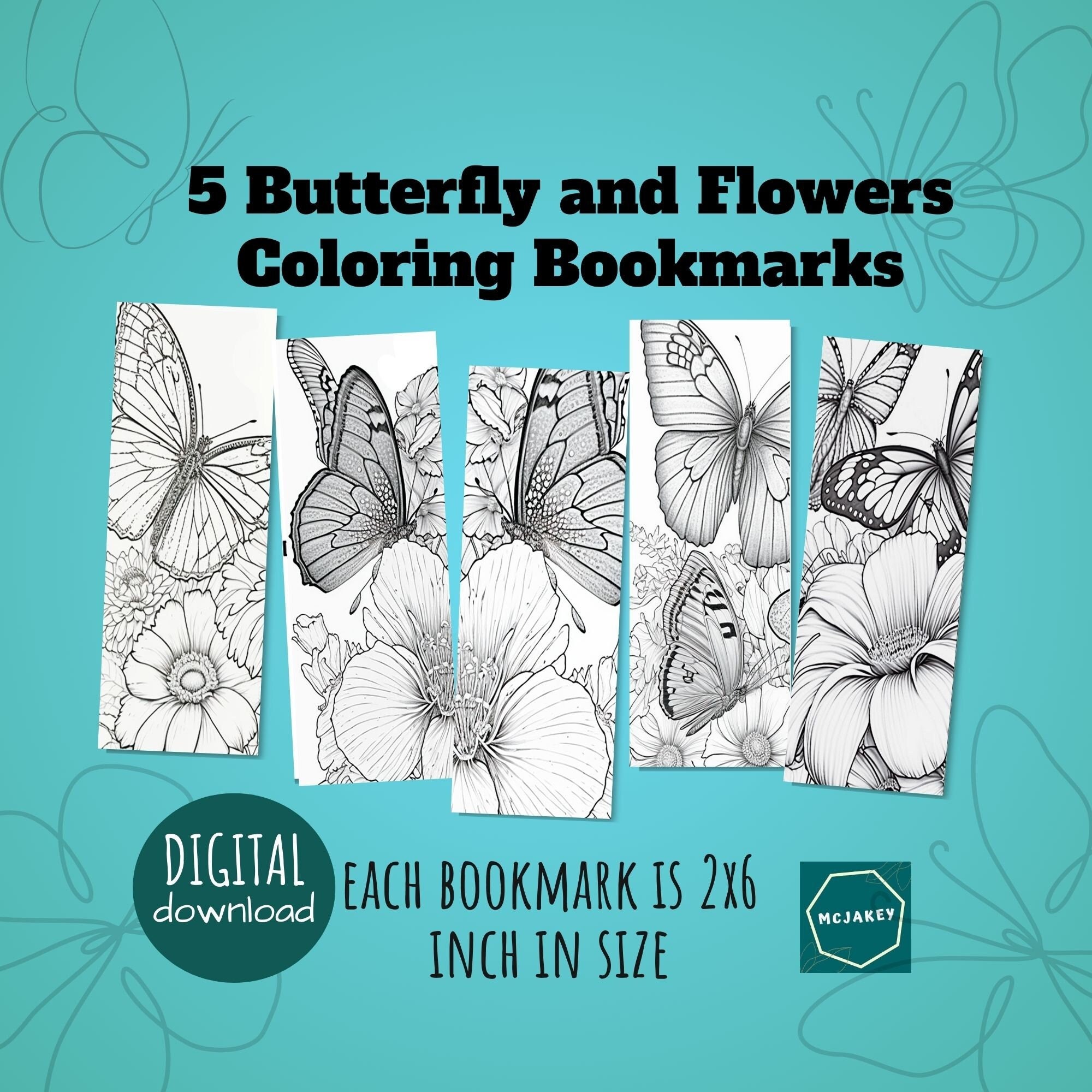 5 Printable Bookmarks With Butterfly and Flowers to Color Yourself, 2x6 ...