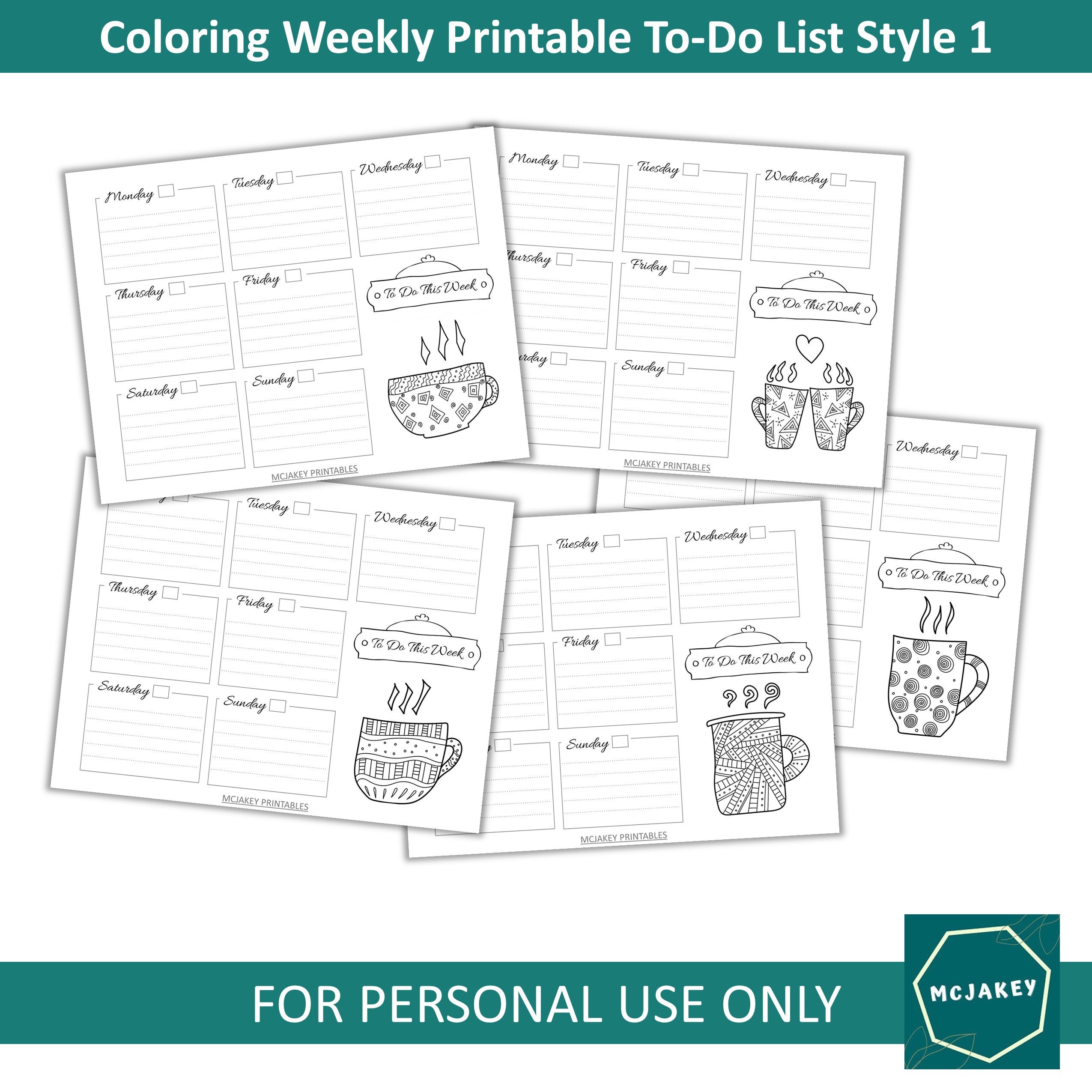 Coloring To-do List & Weekly Planner Printable, Fun Coffee Mug Coloring ...
