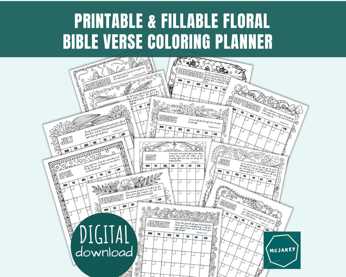 Floral Bible Verse Coloring Planner: Fillable Undated Monthly, Weekly ...