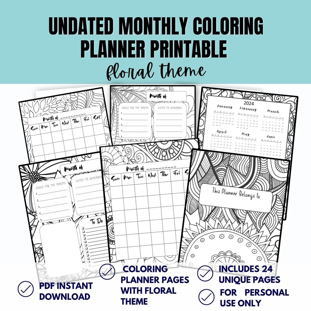 Undated Monthly Coloring Planner PDF Printable, Floral-theme Coloring ...