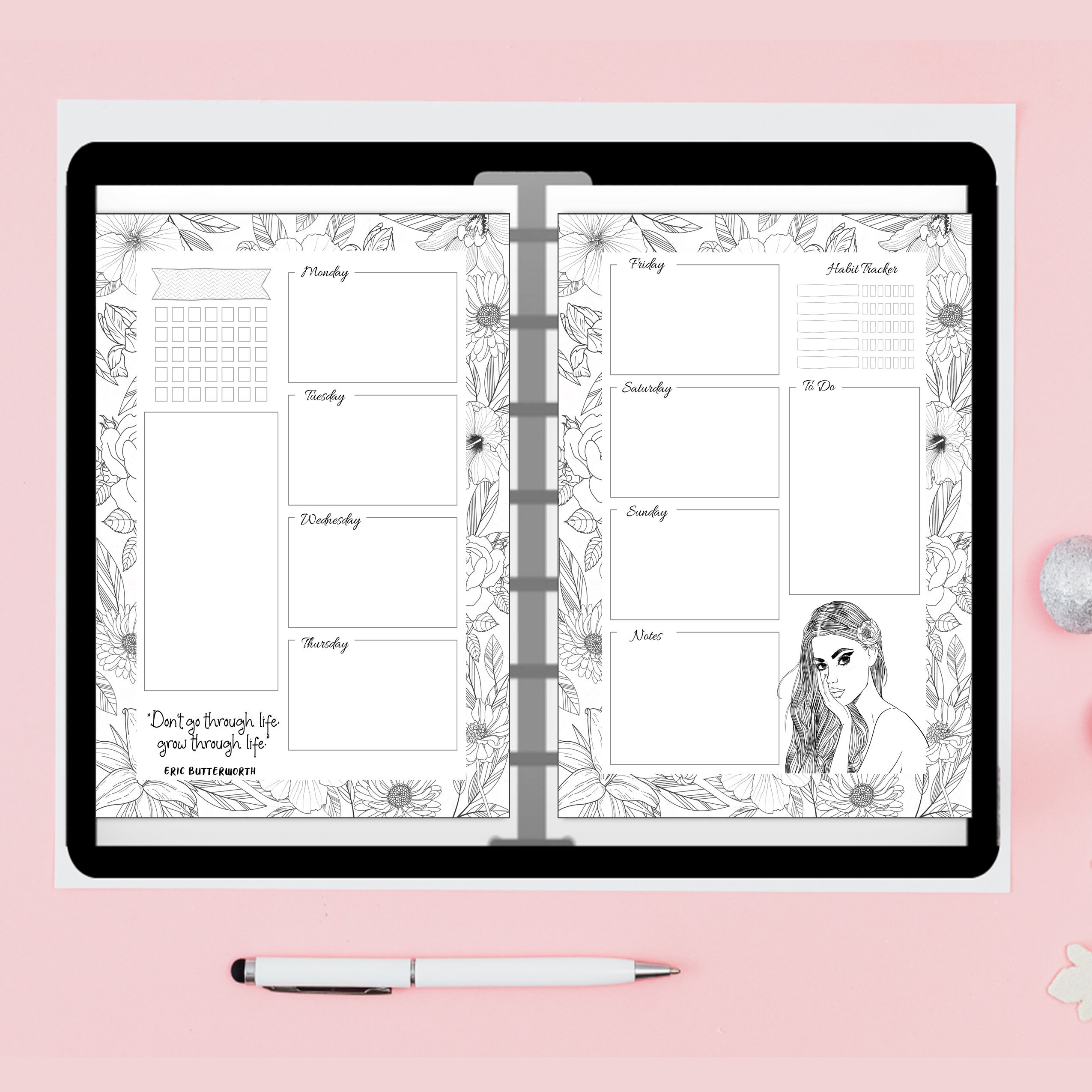 Printable Coloring Weekly Planner and Journal for Girls, Undated Floral ...