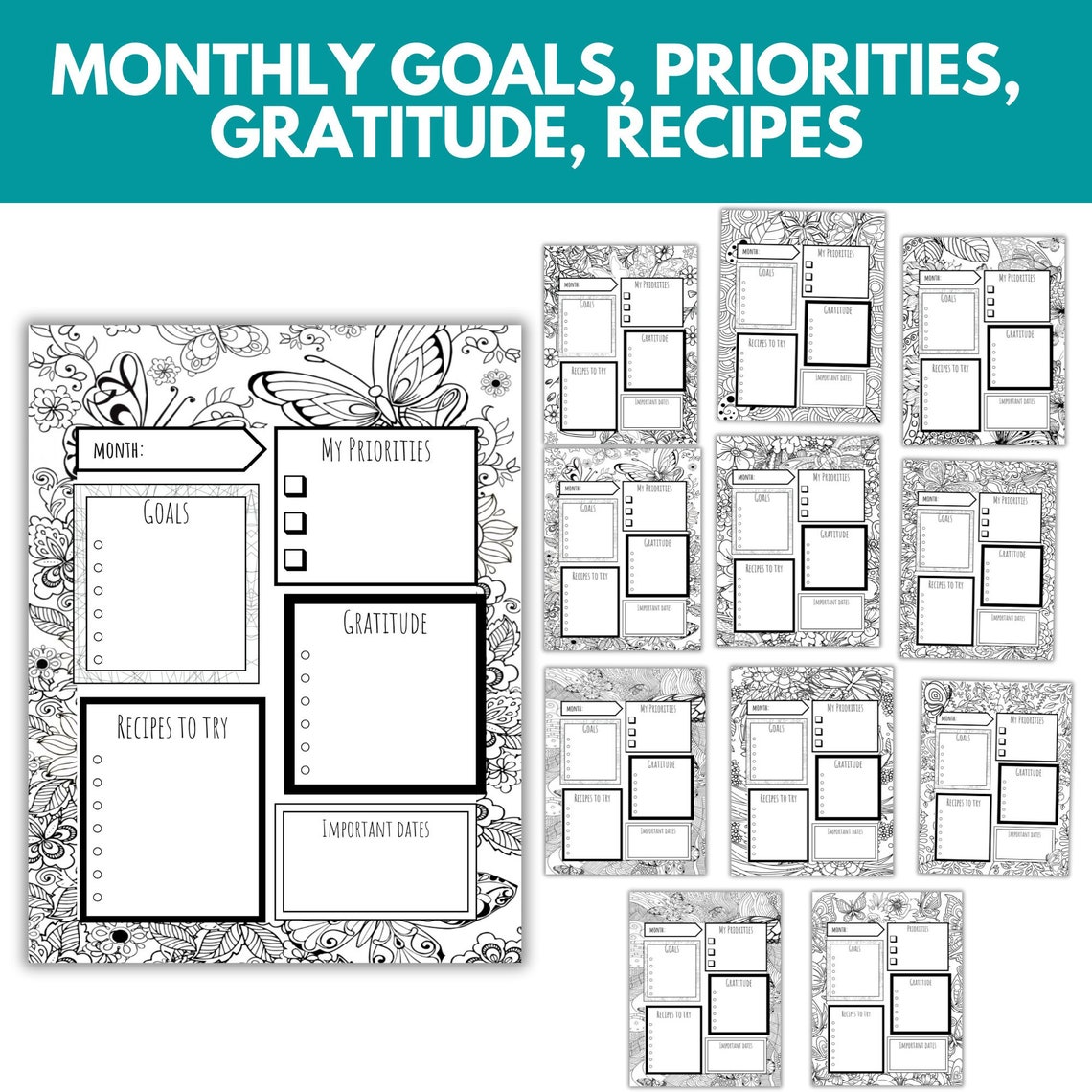 Undated Monthly Butterfly Coloring Planner PDF Printable, Butterflies ...