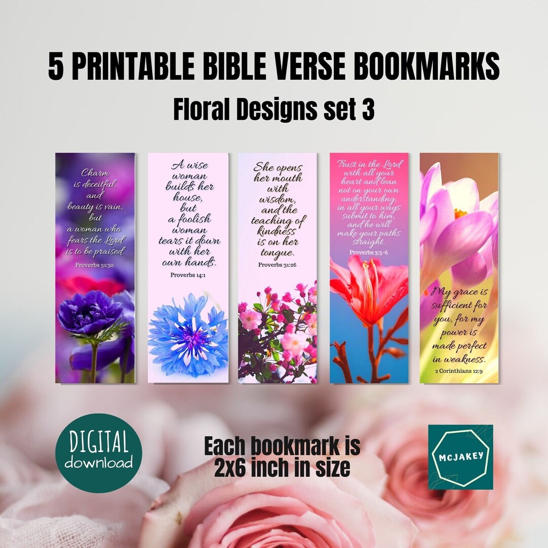 5 Printable Bible Verse Bookmarks Floral Set 3, 2x6 Size, Instant ...
