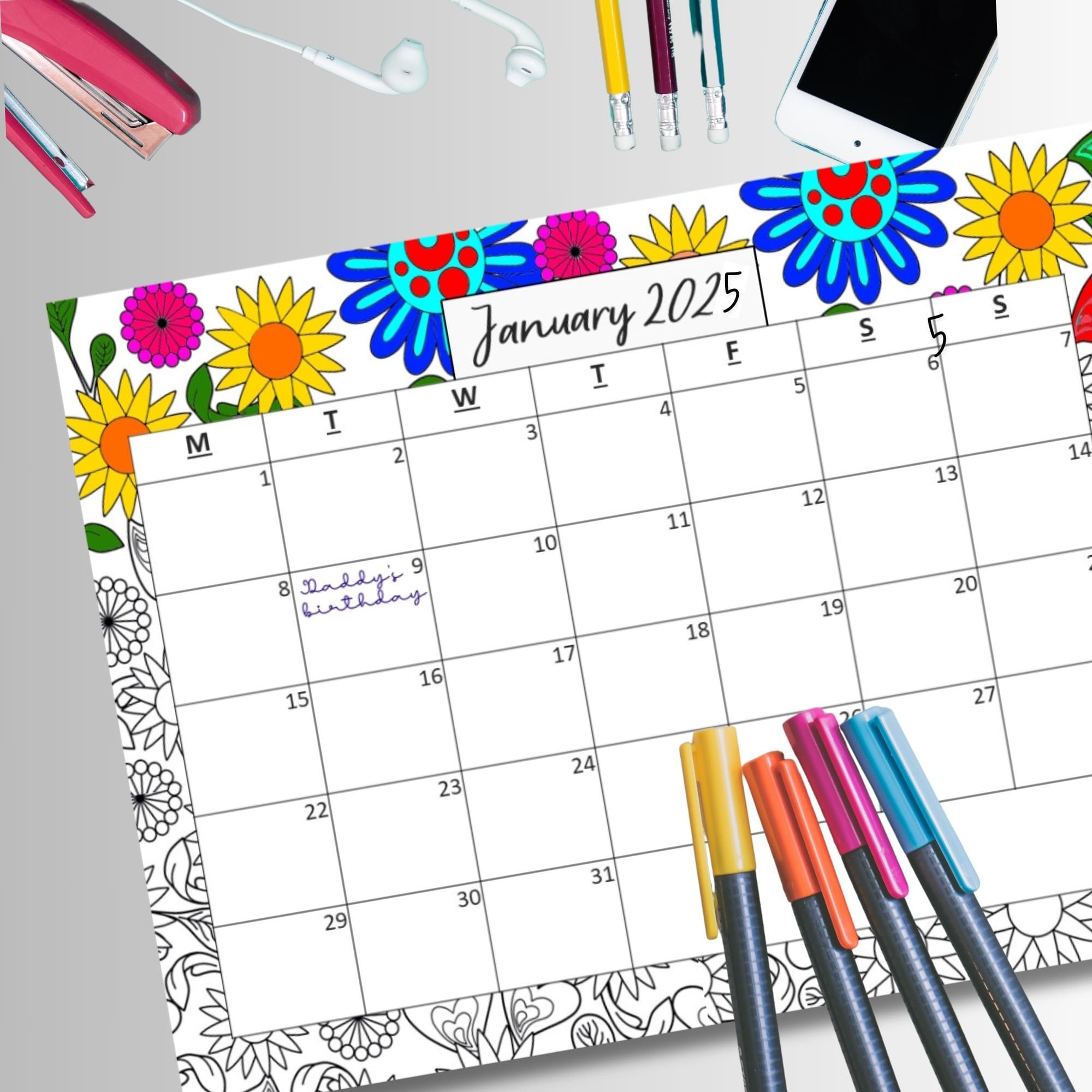 2025 Printable & Editable Coloring Calendar, Floral Monthly Planner, 8. ...