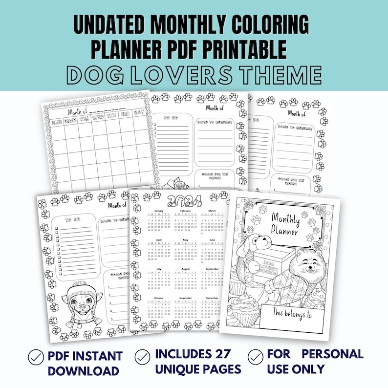 Printable Monthly Coloring Planner for Dog Lovers Undated - Etsy