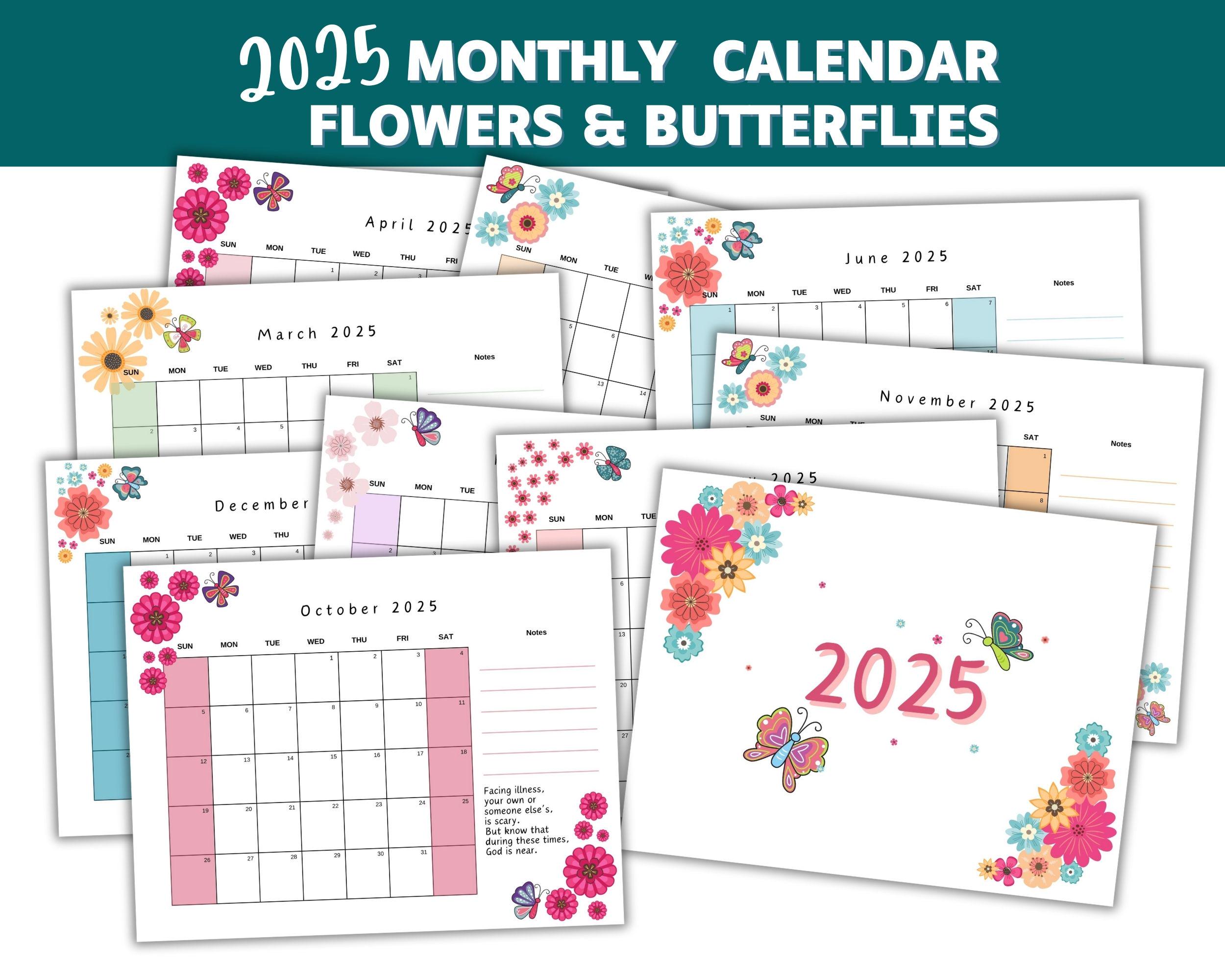 2025 Printable & Editable Monthly Calendar With Flowers and Butterflies ...