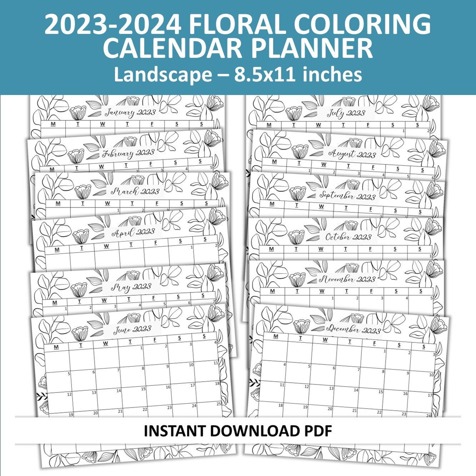 Printable 2023-2024 Floral Coloring Calendar Planner, Dated Monthly ...