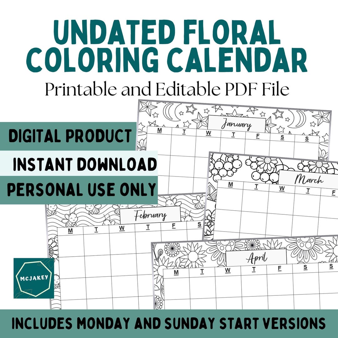 Undated Floral Coloring Calendar: Printable and Fillable Monthly ...
