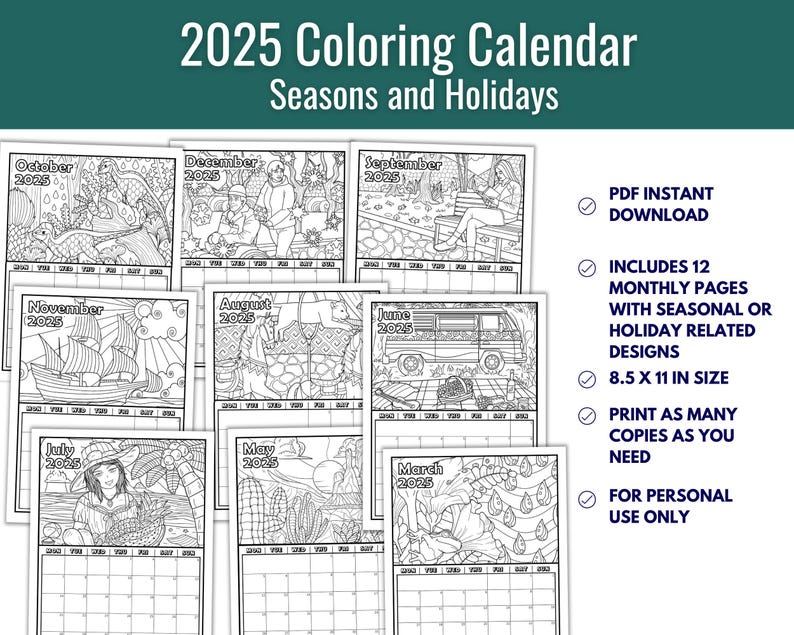 Calendario para colorear 2025, imprimible, 8,5 x 11 pulgadas, vertical, descarga digital - Etsy ...