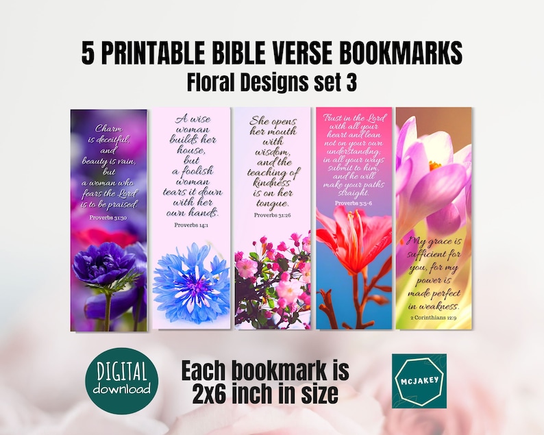 5 Printable Bible Verse Bookmarks Floral Set 3, 2"x6" Size, Instant ...