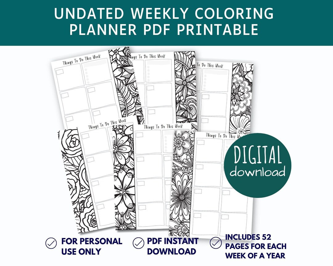 Floral Coloring Weekly Planner: Undated Printable (PDF) - Etsy