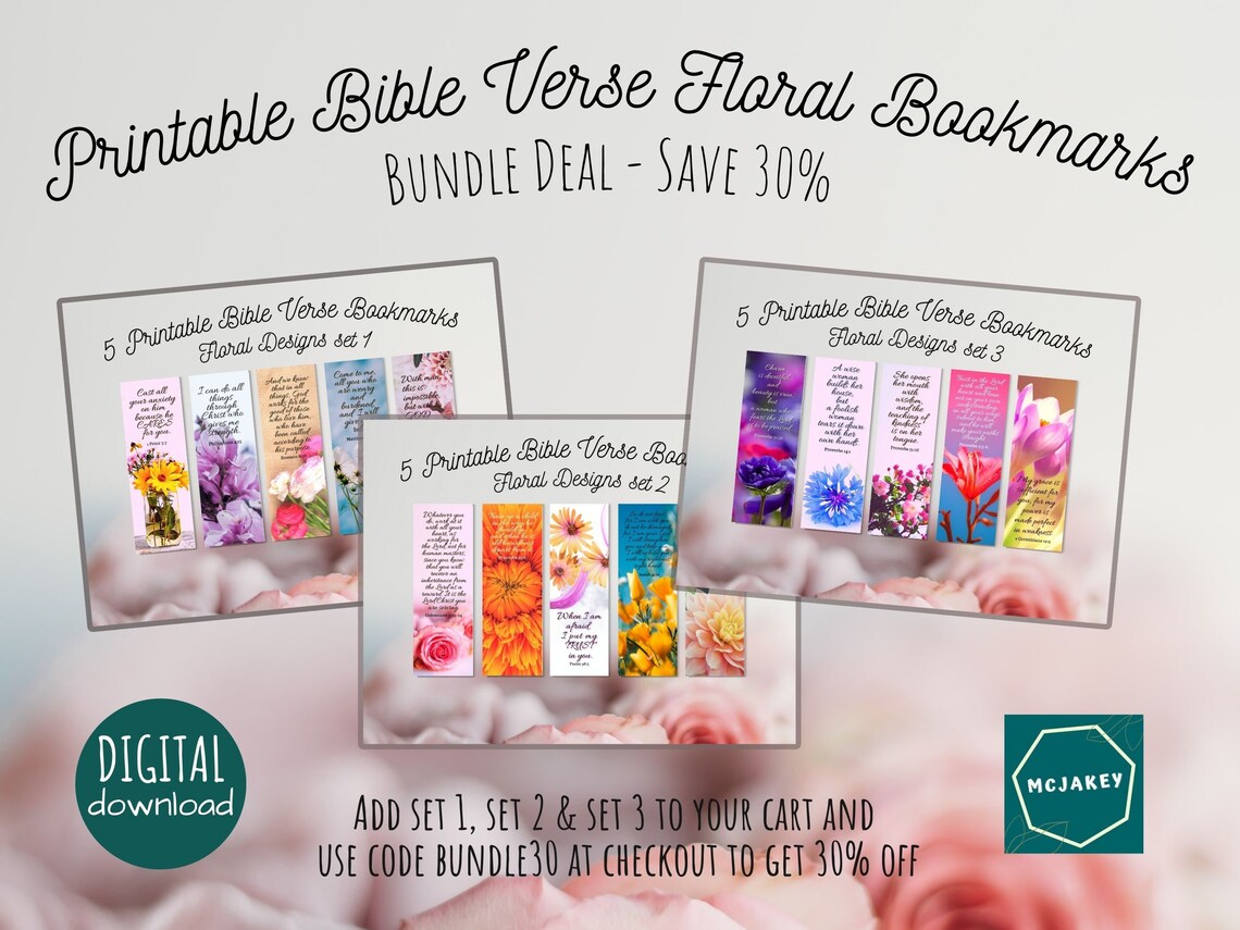5 Printable Bible Verse Bookmarks Floral Set 3, 2x6 Size, Instant ...