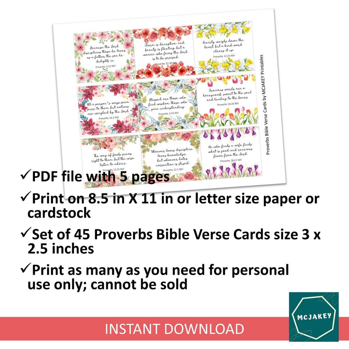 45 Proverbs Bible Verse Cards Floral Printable, 3x 2.5 Size, Memorize ...