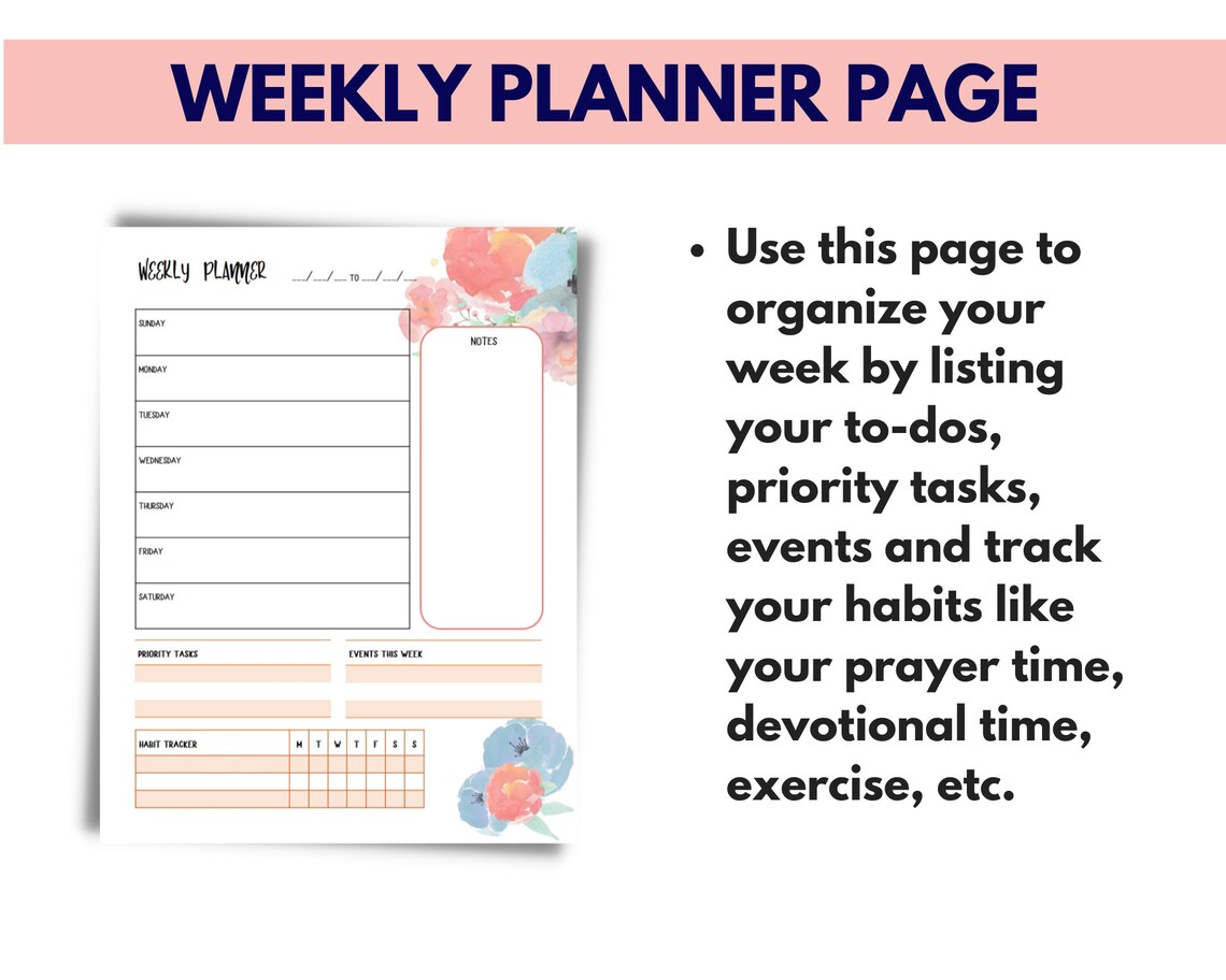 Christian Journal and Weekly Planner Printable PDF, Pink Floral Theme ...