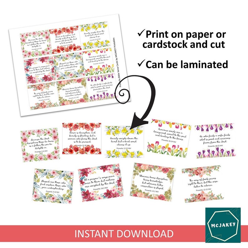 45 Proverbs Bible Verse Cards Floral Printable, 3"x 2.5" Size, Memorize ...