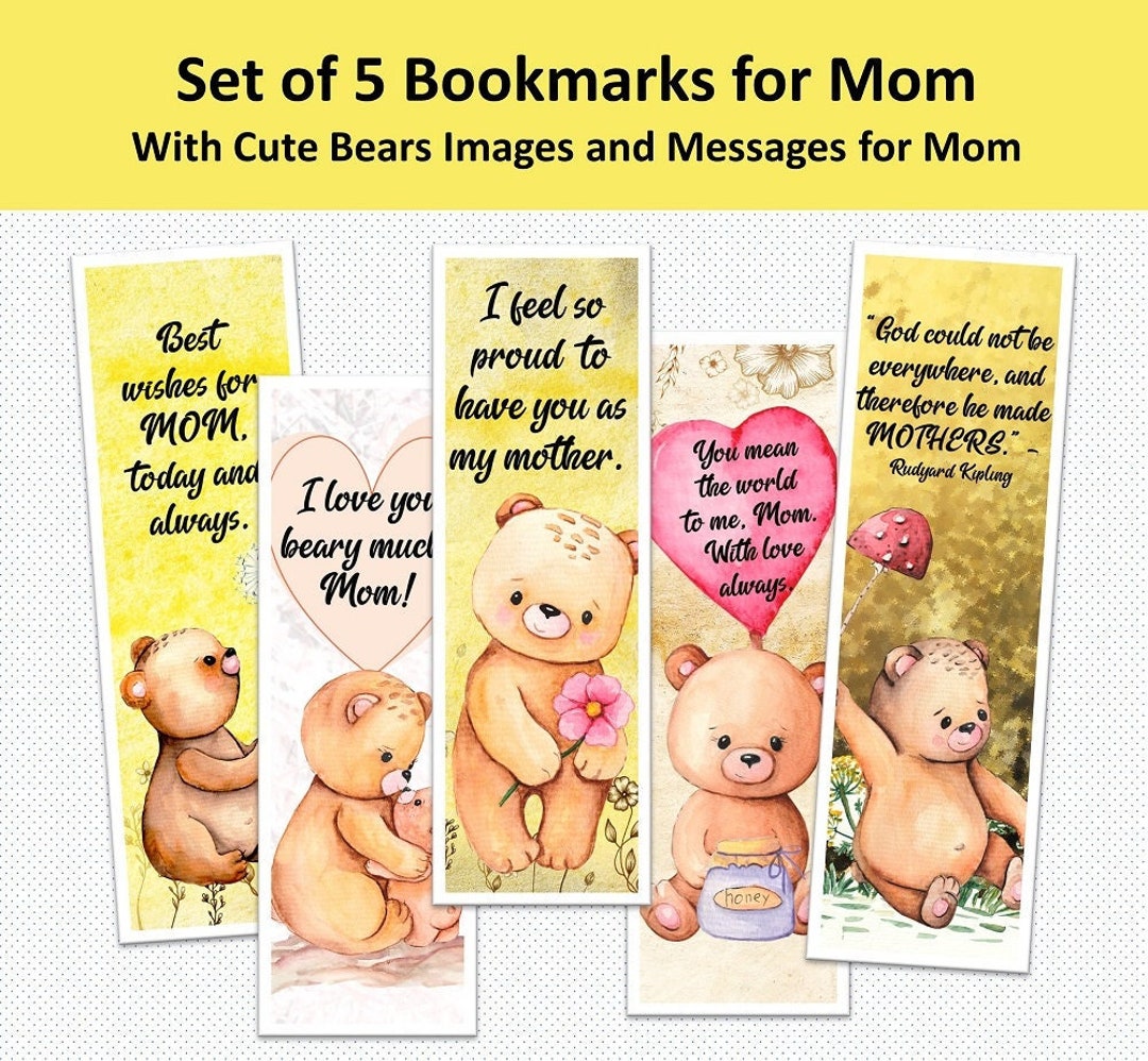 5 Printable Bookmarks for Mom Set 3, Cute Watercolor Bear Designs, Gift ...