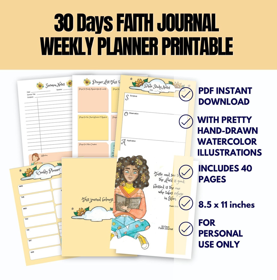 30-days Faith Journal PDF Printable, Weekly Planner, Sermon Notes ...