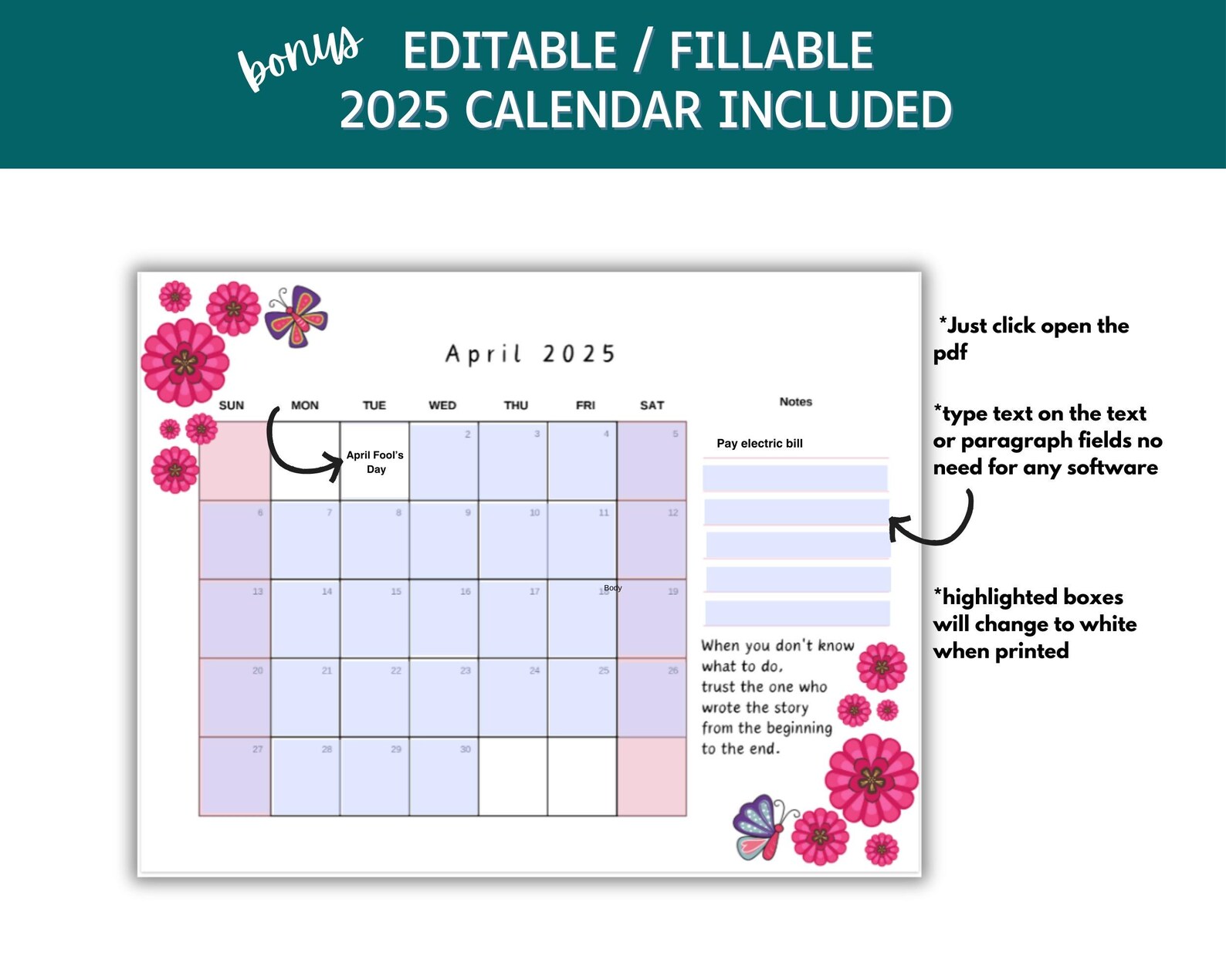 2025 Printable & Editable Monthly Calendar With Flowers and Butterflies ...