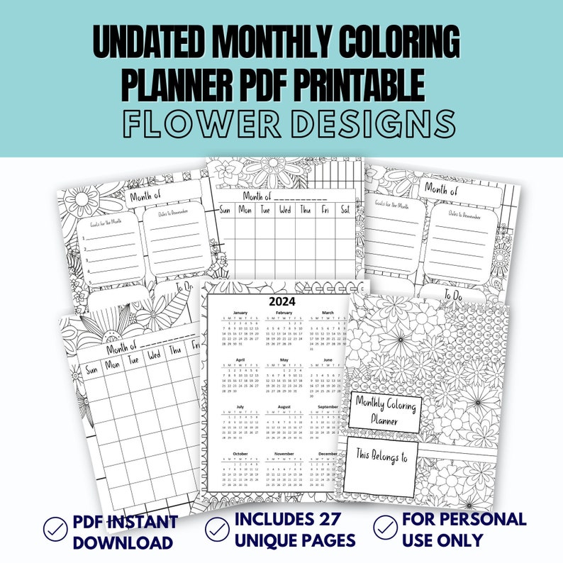 Flower Designs Coloring Planner: Undated Monthly Calendar (PDF ...