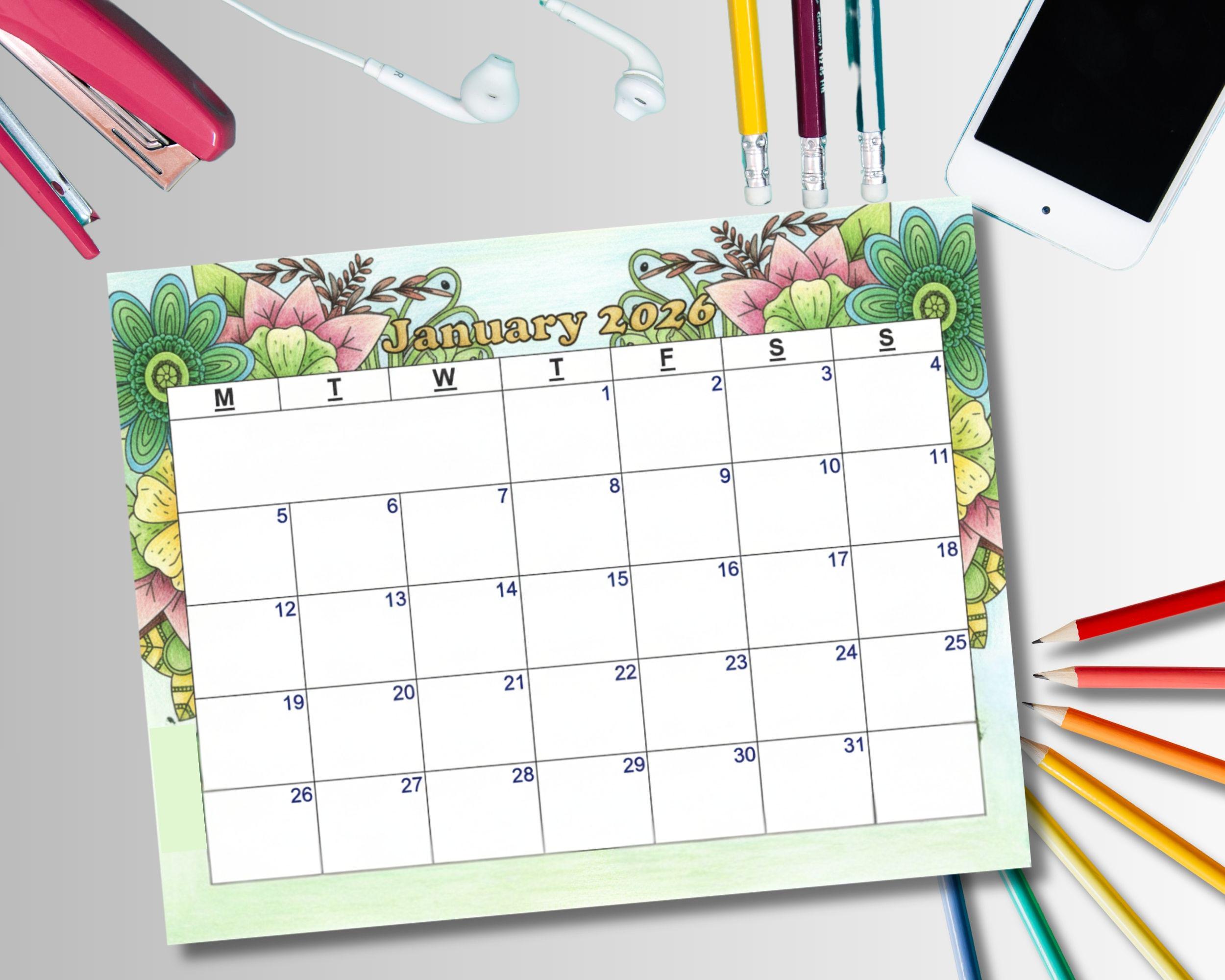 2026 Floral Calendar, Monthly Planner, Coloring Page (PDF Download ...